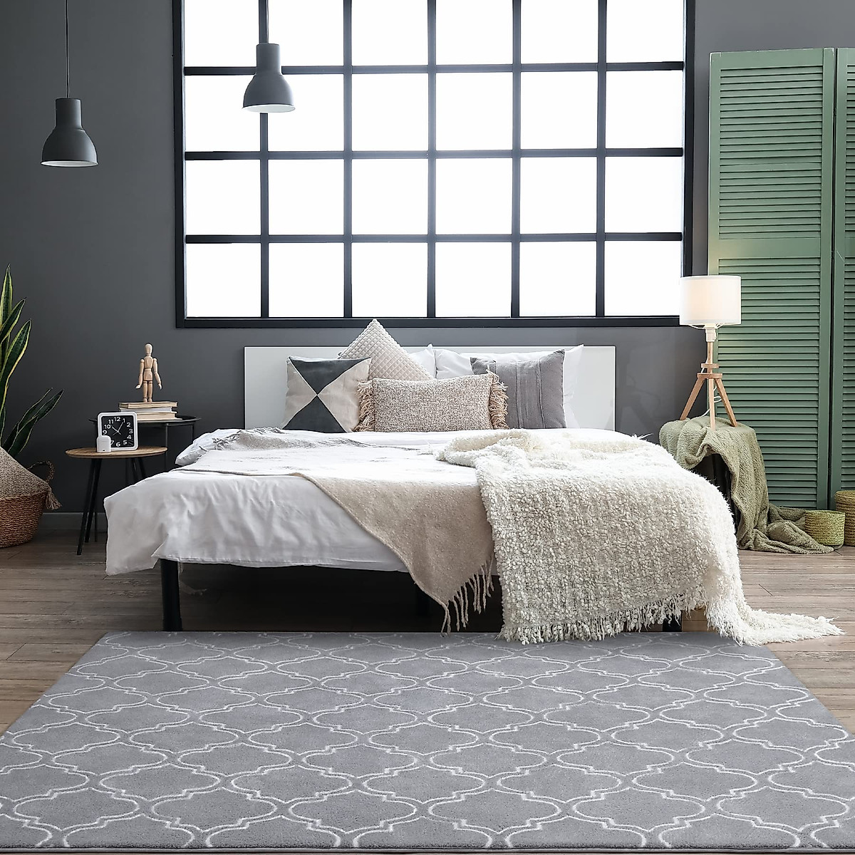 Chicrug Shag Geometric Modern Area Rug for Living Room, 7x10 Feet Large Memory Foam Indoor Carpet, Fluffy Rug for Bedroom Bedside Room Decor for Family Girls Kids Nursery, Grey/White