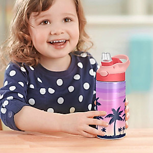 Purple Sky Palm Trees Kids Water Bottle with Straw Lid, Vacuum Insulated Stainless Steel Double Walled Leakproof Tumbler Travel Cup for Girls Boys Toddlers, 12 oz