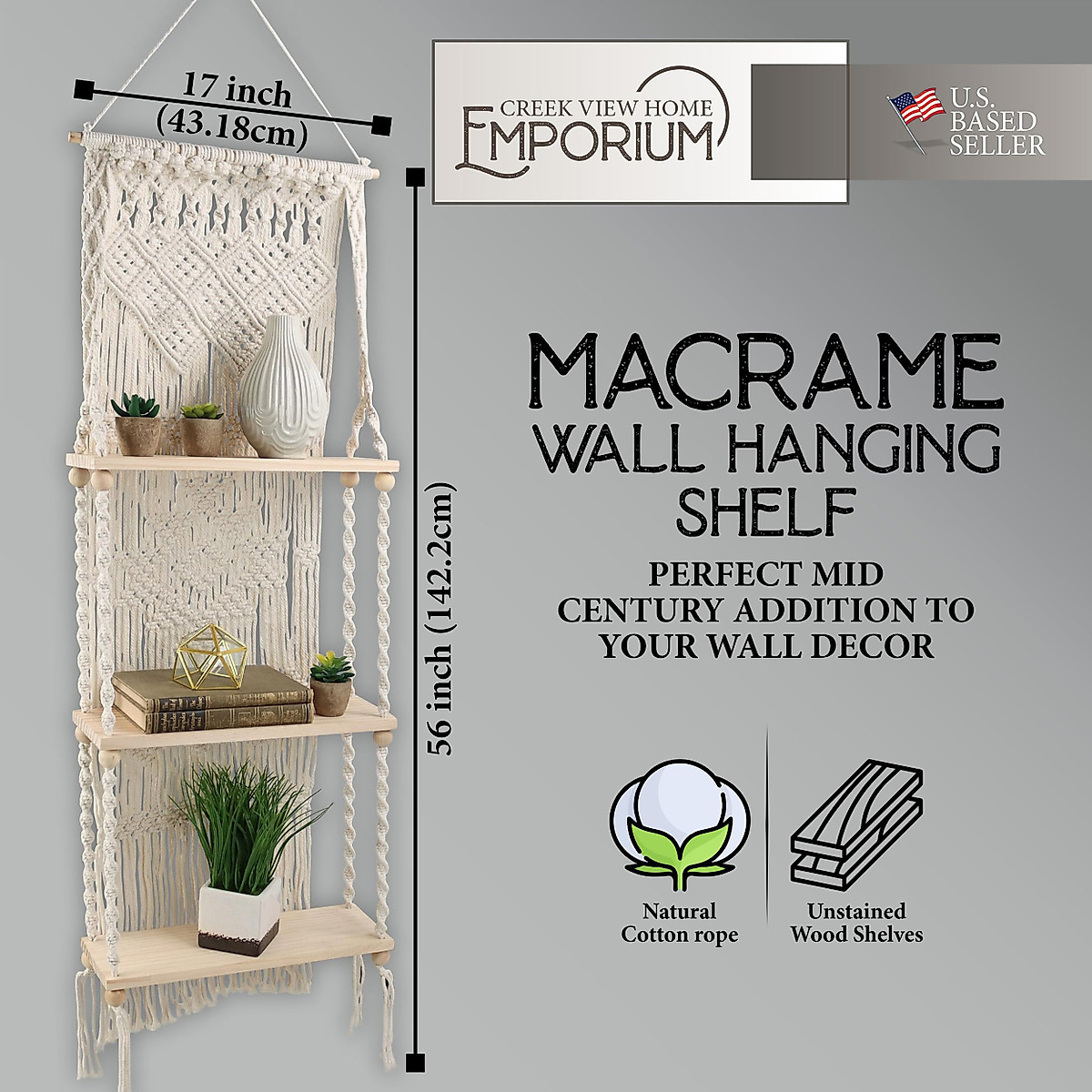 Creekview Home Emporium Hanging Plant Shelf Indoor Boho Decor - 3 Tier Macrame Shelf Wall Hanging Decor - Rope Boho Wall Art Wooden Floating Bookshelf for Kitchen, Bathroom or Bedroom