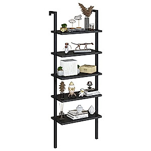 DKLGG 5-Tier Book Shelf Rack Against The Wall, Tall Ladder Shelf Wooden Bookcase Metal Frame Storage Plant and Flower, Single Standing Bookshelf Ladder ​for Living Room, Bedroom, Balcony, Home Office