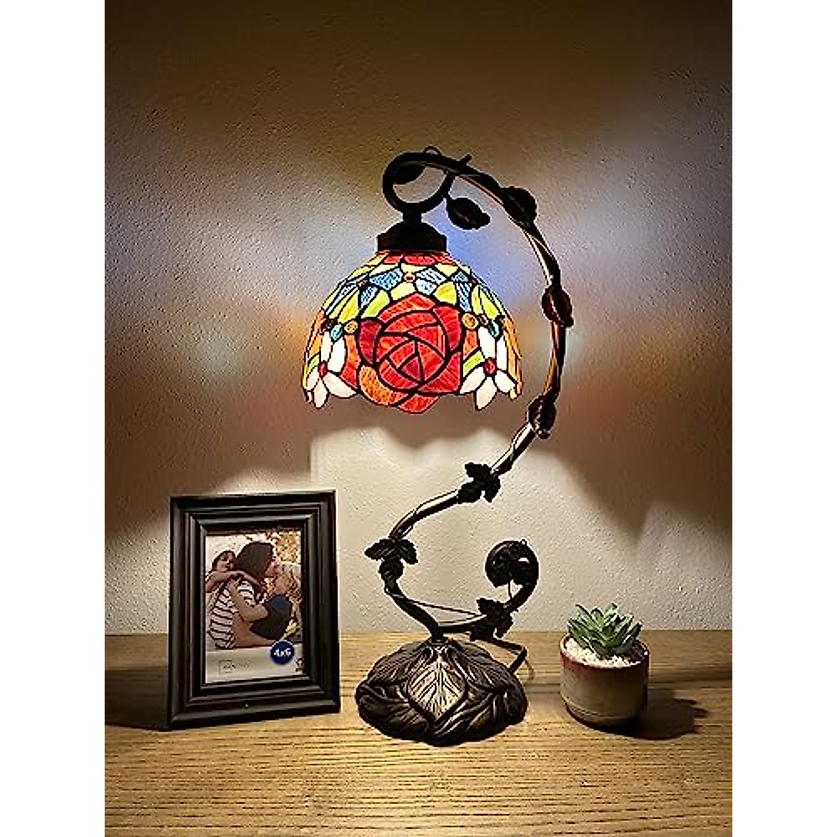 Enjoy Tiffany Style Table Lamp Stained Glass Rose Flowers Iron Metal Leaves Bronze Base Vintage for Living Room Dining Room Bedroom Bedside Office Hotel H21*W11 in