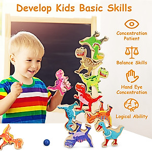 UWBGRT Dinosaur Toys for Kids, Wooden Stacking Toys Set with 16pcs Large Dinosaur Blocks,3 Balance Broads, 2 Balls for 4 5 6 Year Old Toddler