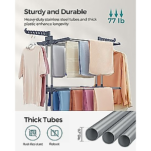 SONGMICS Clothes Drying Rack Stand 4-Tier, Foldable Laundry Drying Rack 67.7-Inch Tall, Stainless Steel, Rolling Clothes Horses Dryer Rack, Easy to Assemble, Indoor Outdoor Use, Gray ULLR701G01