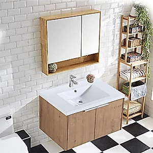 Pvillez Bathroom Vanity with Sink Combo, Floating Vanity Cabinet 30 Inch, Bathroom Vanities, Modern Wall Mounted Concrete Bath Vanity Set with Porcelain Top Storage Cabinet (Imitative Oak 2)