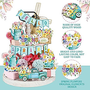 18 Pieces Hello Spring Tiered Tray Decor Easter Tiered Tray Decorations Fresh Flower Market Wooden 3D Sign Farmhouse Mini Spring Decor for Holiday Kitchen Home Easter Spring Party Decor(Null)