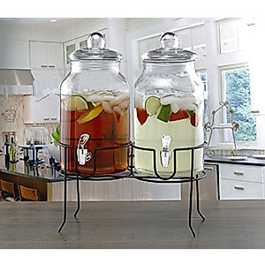 Style Setter Rustic Home Beverage Dispenser Set of 2 Cold Drink Dispenser w/ 1-Gallon Capacity each Glass Jug, Metal Rack & Leak-Proof Acrylic Chrome Spigot Great for Parties, Weddings