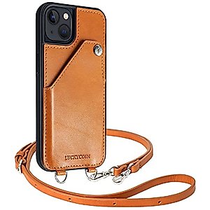 LUCKYCOIN for iPhone 13 Crossbody Leather Case Genuine Leather Card Slot Holders Wallet Protective Case Adjustable Leather Strap Lanyard Compatible with 2021 New Apple iPhone 13 6.1 inch Brown