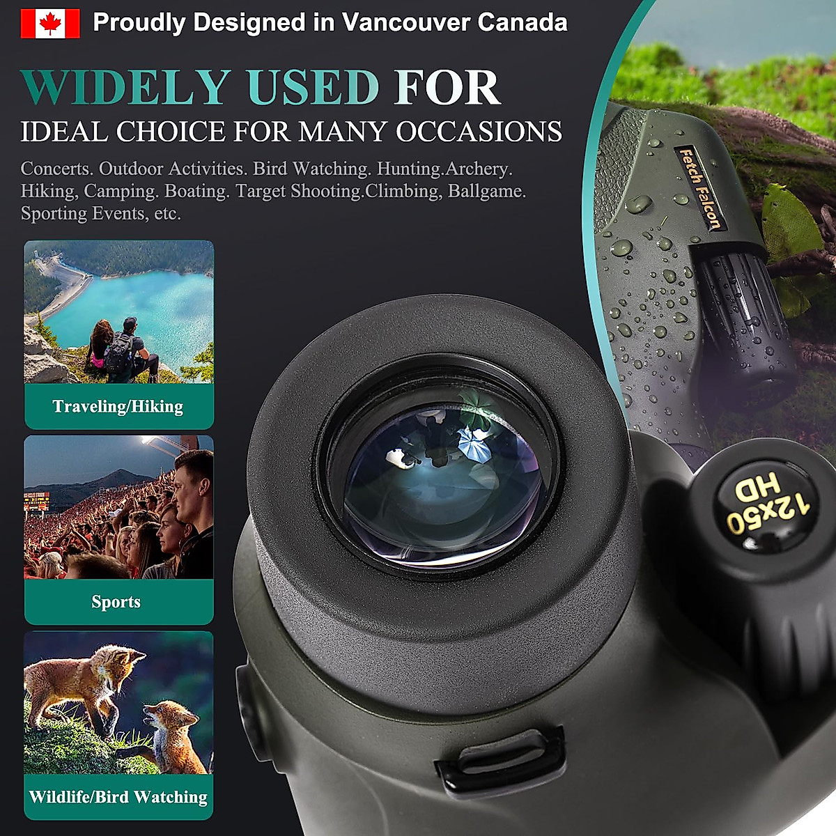 Fetch Falcon12x50 IPX7 Nitrogen Filled BAK4 FMC HD Monoculars(Eyepiece 25.5cm Waterproof Under 1 M Water 30 Minutes Never Leaks) with Phone Holder, Tripod, Hand Strap (HD IPX7 Green)