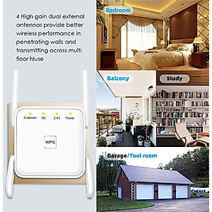 WiFi Range Extender - 1200Mbps WiFi Range Extender Wireless Signal Repeater Booster, Dual Band 2.4G and 5G Expander, 4 Antennas 360° Full Coverage, Extend WiFi Signal to Smart Home Devices