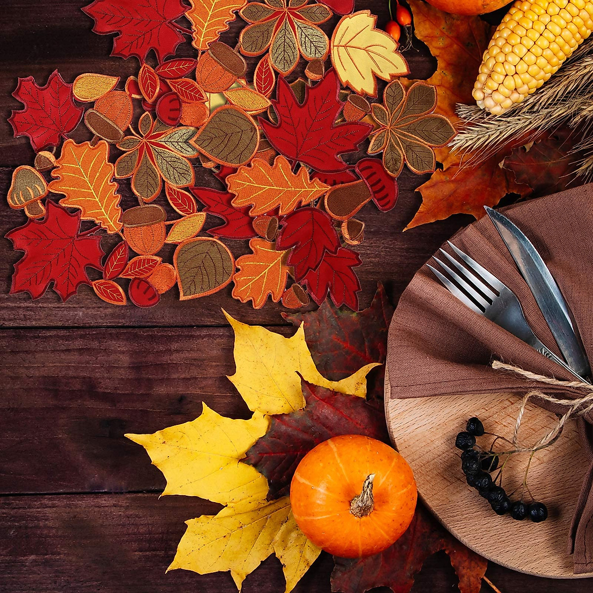 6 Pcs Embroidered Maple Leaves Placemats Thanksgiving Table Placemats Leaf Placemats for Home Kitchen Dinning Thanksgiving, Fall or Autumn Harvest Decorations (Maple Style, 11 x 17 Inch)