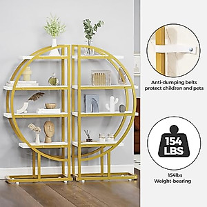 Vrullu Gold Bookshelf Set of 2, 4-tirer Storage Shelves with Steel Frame, Half Moon Display Bookcase Standing Organizer, Decorative Book Shelf with Adjustable Feet for Living Room, Hallway