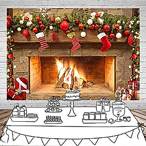 Mocsicka Christmas Fireplace Theme Backdrop for Photography Xmas Tree Sock Gift Family Party Decorations Wallpaper Winter Christmas Birthday Holiday Banner Studio Booth (7x5ft)