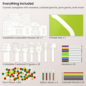 Arteza Kids Christmas Village Kit, 3D Holiday Kit Includes 20 Colorable Cut Out Cardboard Crafts, Glitter Glue, Pom Poms, Markers, Craft Supplies for Family Activities, Winter and Holiday Parties