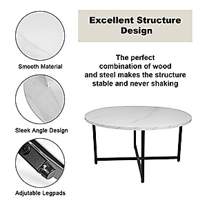 Round Coffee Table Modern Coffee Table Sofa Table Tea Table for Living Room, Office Desk, Balcony, Wood Desktop and Metal Legs,23.6inch White Marble