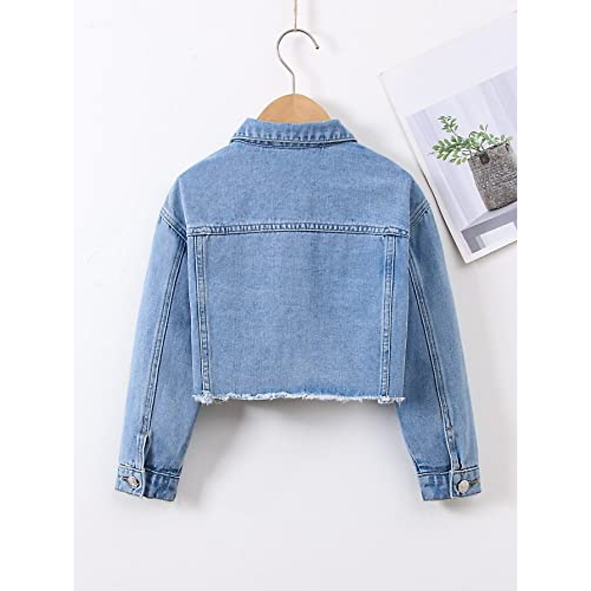 Verdusa Girl's Raw Hem Long Sleeve Single Breasted Crop Denim Jacket Outerwear Light Blue 9Y