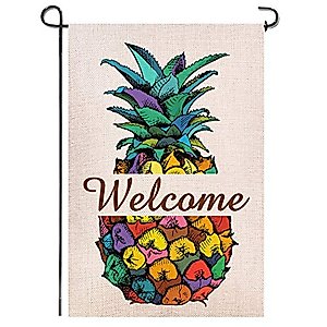 Shmbada Pineapple Welcome Double Sided Burlap Garden Flag, Premium Material, Seasonal Spring Summer Outdoor Funny Decorative Flags for Garden Yard Lawn, Gift for Children, 12 x 18 inch