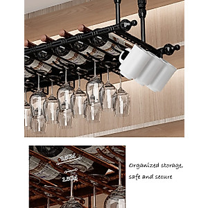 Hanging Wine Rack with Glass Holder and Shelf,Adjustable Metal Ceiling Bar Wine Glass Rack,2 in 1Industrial Wall Mounted Wine and Glass Rack,47.3” Bottle Holder Wine Shelf