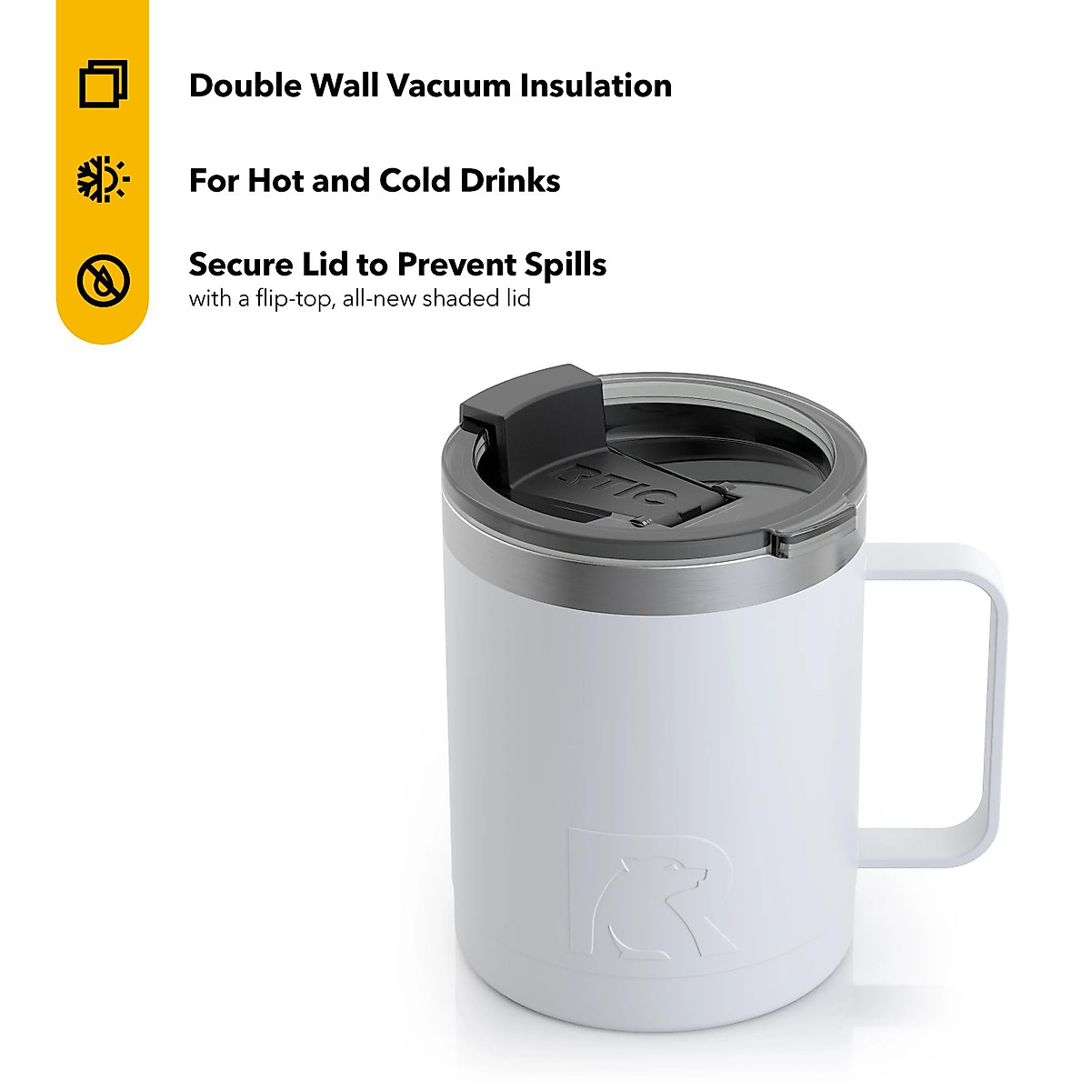 RTIC Coffee Mug with Handle, 12 oz, White, Portable Travel Thermal Camping Cup, Vacuum-Insulated with Lid, Stainless Steel, Sweat Proof, Keeps Hot & Cold Longer