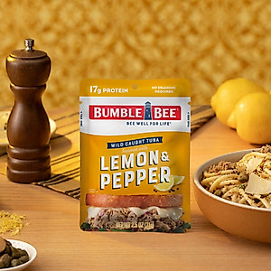 Bumble Bee Lemon & Pepper Seasoned Tuna, 2.5 oz Pouches (Pack of 12) - Ready to Eat - Wild Caught Tuna Packet - 17g Protein per Serving - Gluten Free