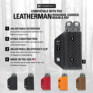 Clip & Carry Kydex Multitool Sheath for The Leatherman Wingman/Sidekick/REBAR/REV - Made in USA - EDC Multi Tool Holder Holster Cover - Carbon Fiber Black
