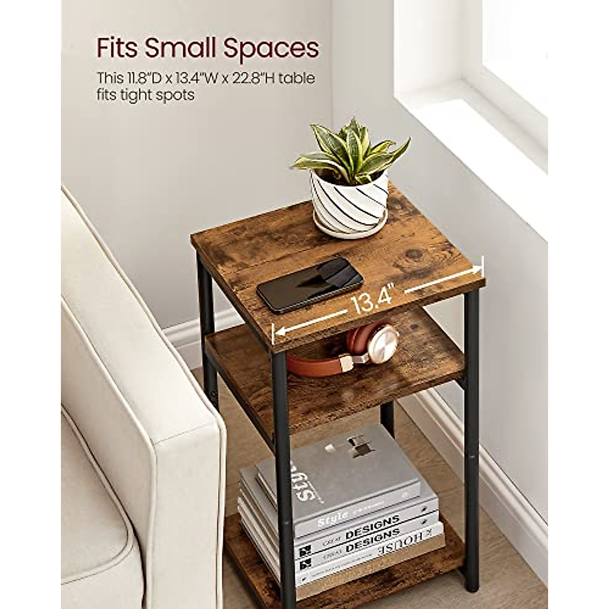 VASAGLE Side Table, Small End Table, Tall Nightstand for Living Room, Bedroom, Office, Bathroom, Rustic Brown and Black ULET273B01