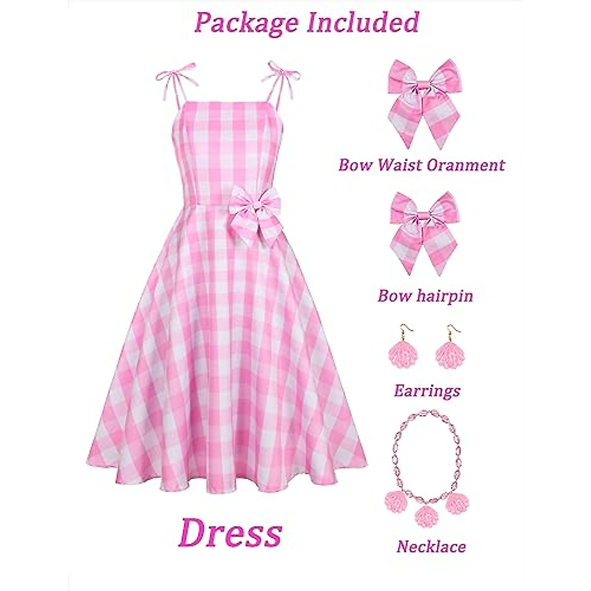 Girls Costume Dress Kids Princess Cosplay Halloween Costume Pink Plaid Dress with Hairpin Necklace Earrings CA009M