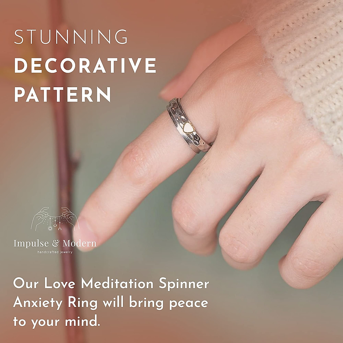 Impulse Modern Love Meditation Spinner Ring, Size 10 | 925 Sterling Silver Fidget Ring | Spin Ring Rotating Band with Classic Gold Heart | Spinning Ring for ADHD & Fidgeters | Anxiety Ring for Women