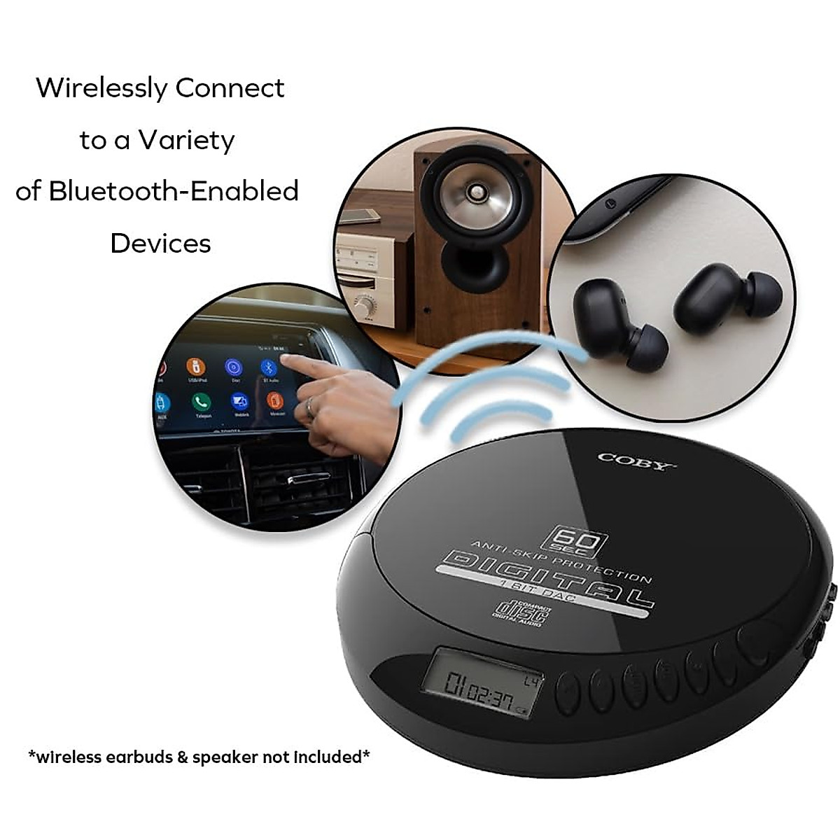 Coby Bluetooth Portable CD Player w/Headphones, FM, AUX, MP3 Anti-Skip Compact Discman | Rechargeable & Lightweight CD Player 6-HR Play for Car, Home