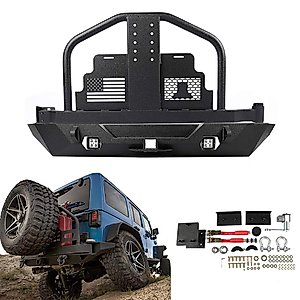 cciyu Texture Black Rear Bumper with and Tire Carrier and LED Lights Compatible for Jeep Wrangler JK 2007-2018