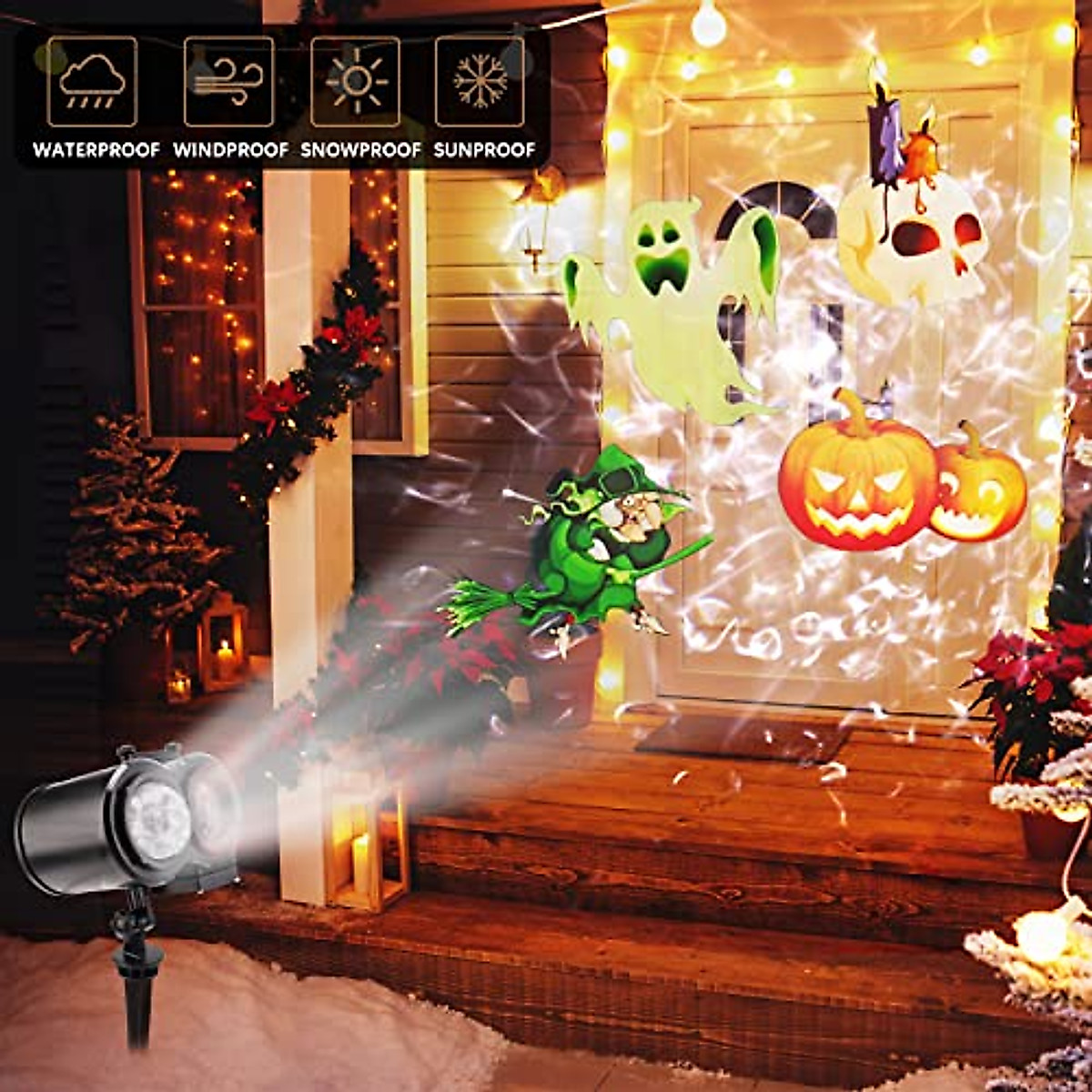 Christmas Halloween Projector Lights, Remote Control 2-in-1 Ocean Water Wave & Rotating Gobos 16 Slides, IP44 Waterproof Indoor Outdoor Lights for Holiday Party Garden Landscape Decorations Puloux