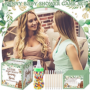 TrelaCo 82 Pcs Guess How Many Bears Baby Shower Game 1 Woodland Game Box 1 Baby Bottle 60 Guessing Cards 20 HB Pencils for Baby Shower Favors Games Gender Reveal