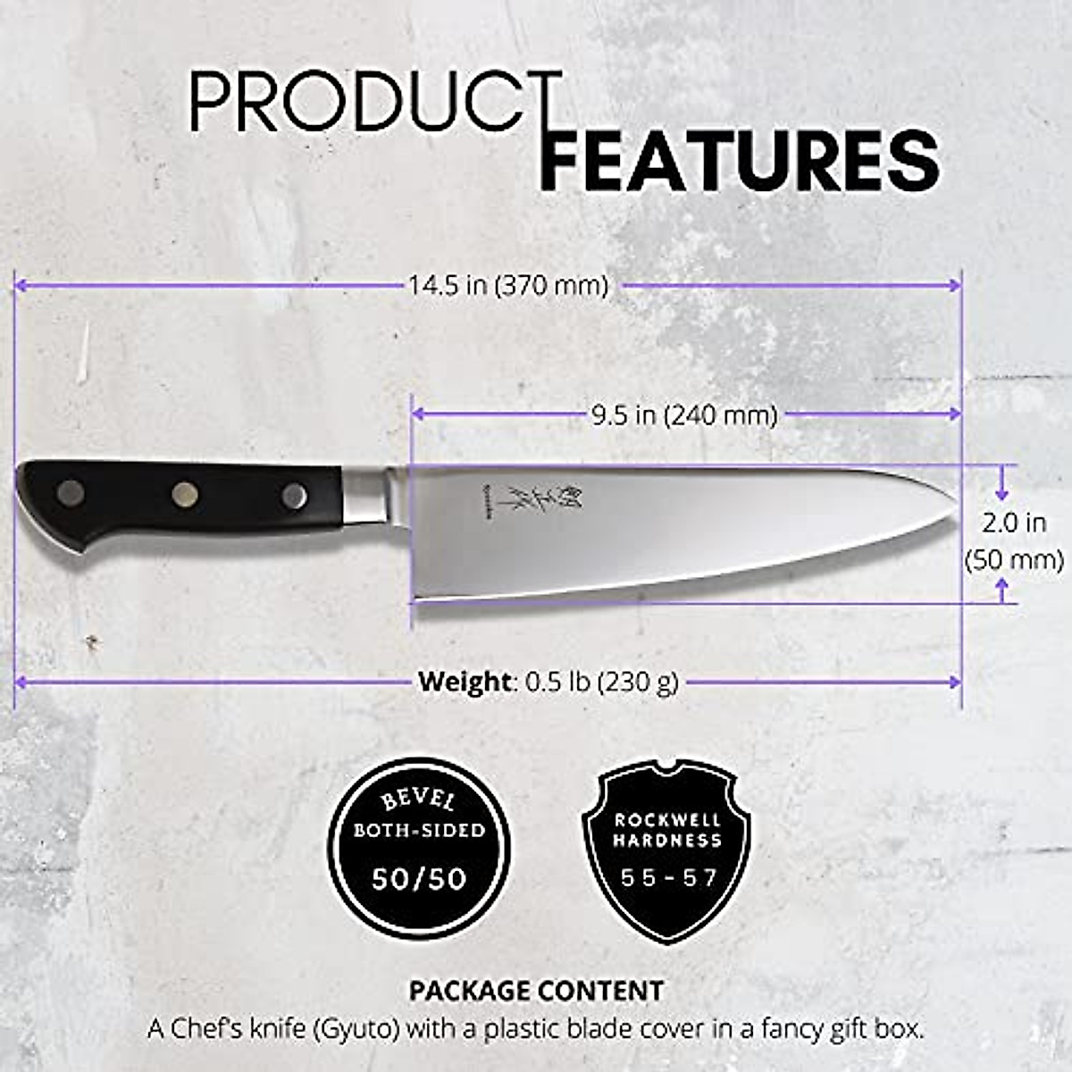 Syosaku Japanese Chef Knife Premium Molybdenum Stainless Steel, Gyuto 9.5-inch (240mm)