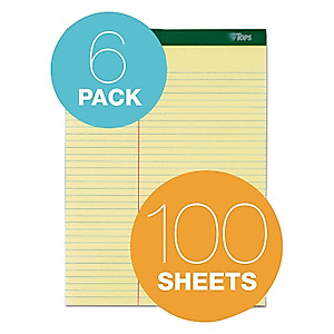 Tops Docket Writing Pads with 100 Sheets, Extra-Strong Back, 8-1/2" x 11-3/4", Perforated, Canary, Law Rule, 100 Sheets, 6 Pack (63396)