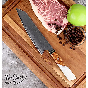 Kiritsuke Chef Knife 8'' ForChefs - 67 Layers Ultra-Sharp Damascus Steel Blade and White Wood Handle, KRT-002