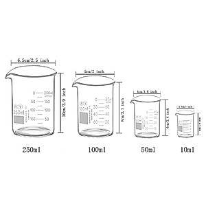 Glass Beakers Set Borosilicate Graduated Measuring Low Form Glass Beaker 4 Sizes 10ml 50ml 100ml 250ml