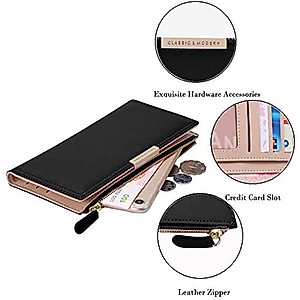 Chic Boutique De Mode Wallets For Women Large Capacity Ultra Thin Card Holder Slim Coin Purse Zip Cute Minimalist Leather Case For Girls Ladies (Black)