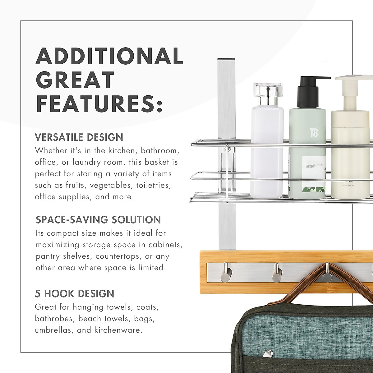 ToiletTree Products Bamboo Wood & Stainless Steel Over The Door Towel Rack with Basket