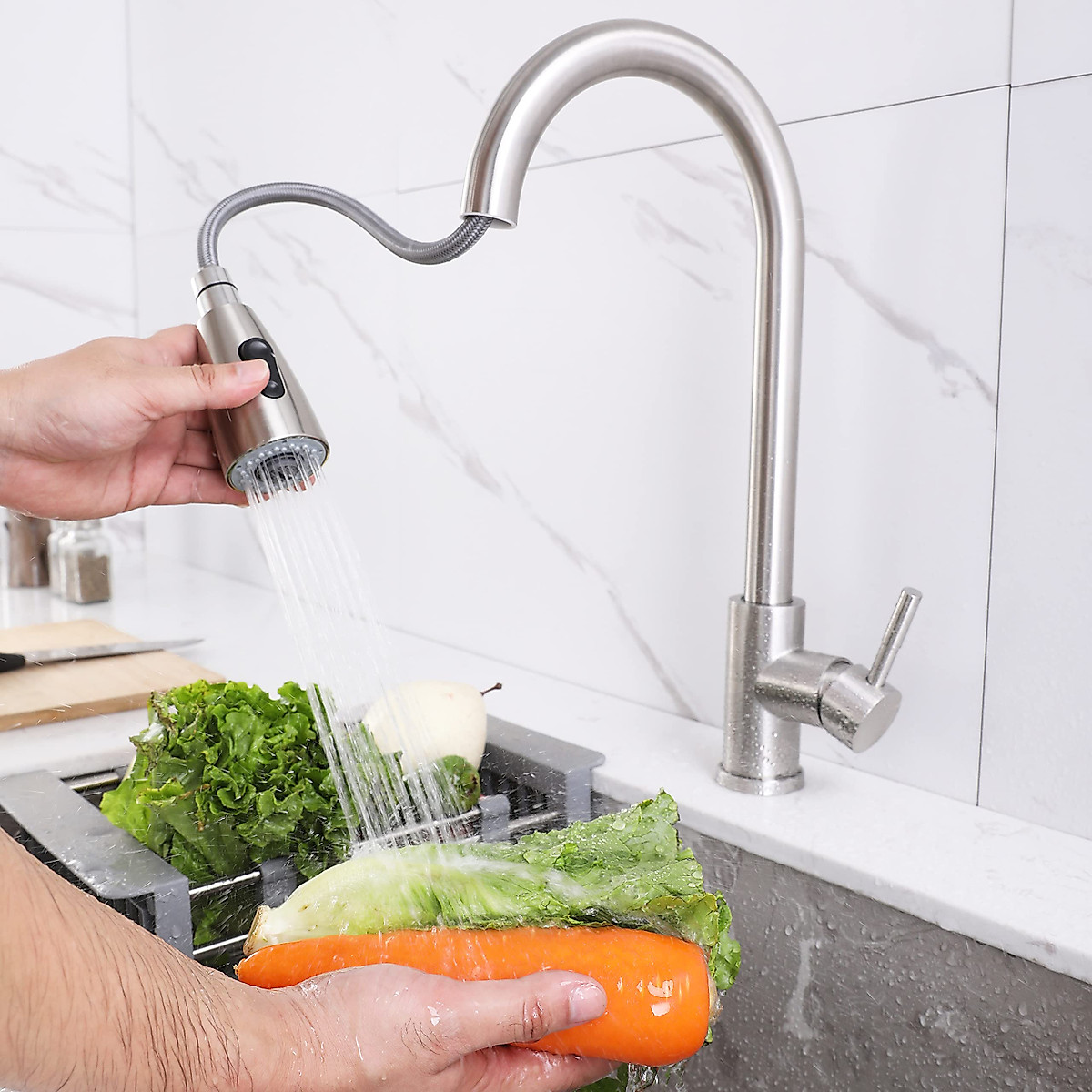 Kitchen Faucet Sprayer Head 3-Function Nozzle Spout G1/2 Connector Pull Down Pull Out Kitchen Tap Hose Sprayer Filter Sink Spray Head Replacement Part Brushed Nickel Black