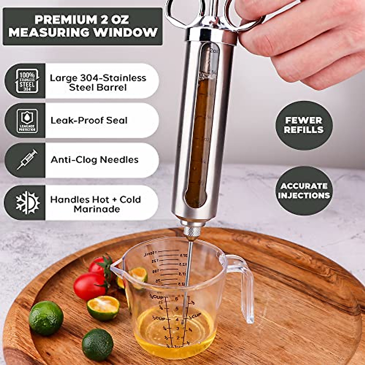 Grillin Pros Advanced Meat Injector Kit for Smoking & Grilling, Stainless Steel Large 2 Oz Syringe + Measuring Window for Cooking BBQ, Brisket, Turkey - Inject Marinade or Seasoning for Tender Flavor