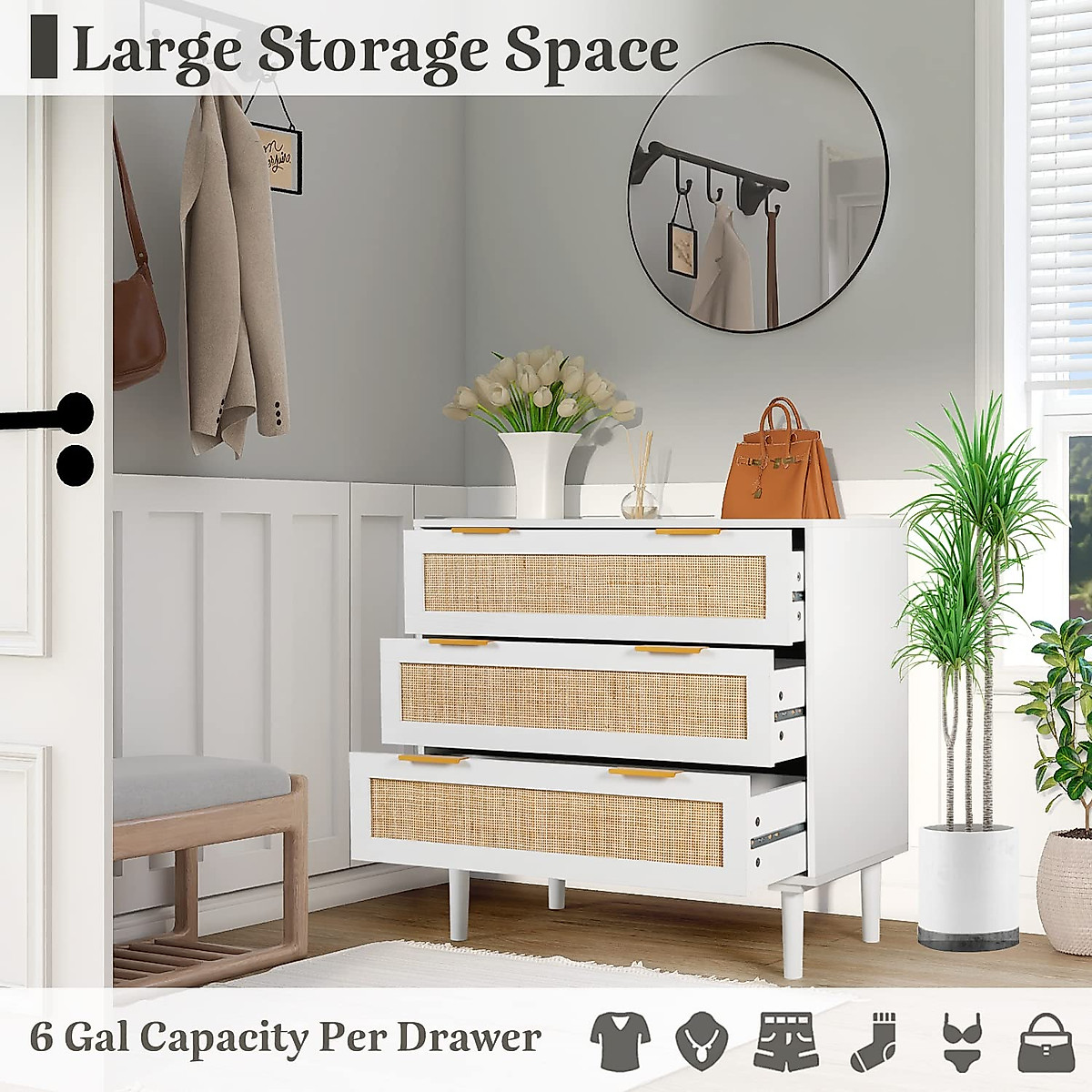 HOPUBUY 3 Drawer Dresser for Bedroom, Rattan Dresser Modern Closet Dressers Chest of Drawers, Wood White 3 Drawer Storage Chest for Kids Bedroom, Hallway, Living Room