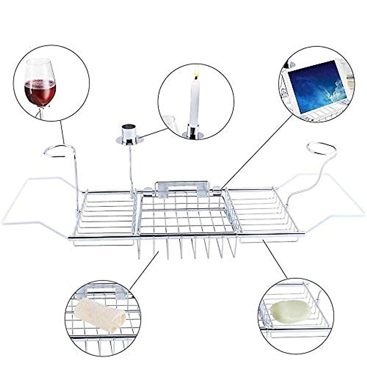 Bathtub Table Shelf , 22.5x6.3x2.6 Inch Stainless Steel Tub Shampoo Bath Caddy Table Tray, Bath Tub Racks Organizer Tub Shelf with Extending Sides for Phone Pad Book Holder