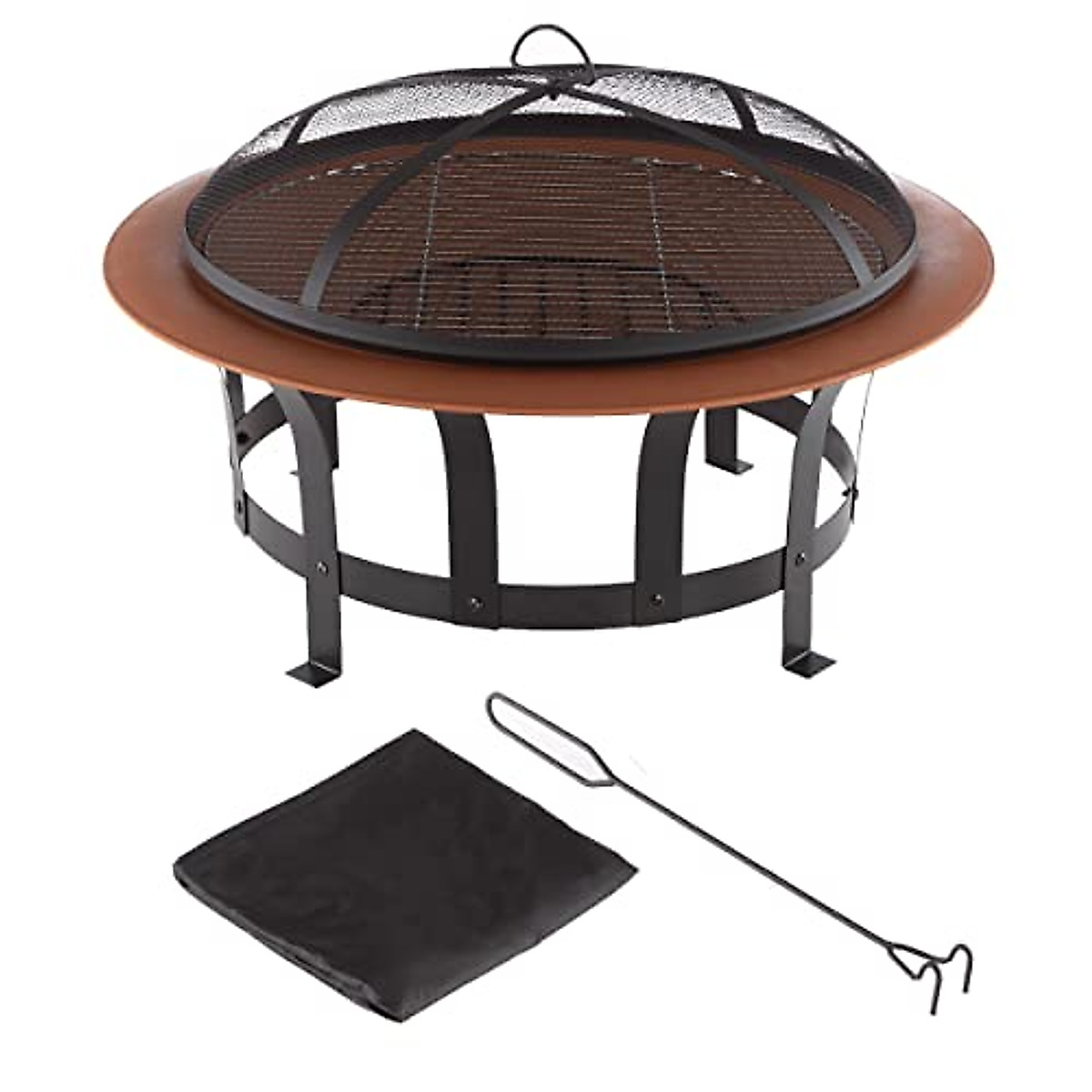 Pure Garden 50-LG1204 30” Outdoor Deep Fire Pit-Round Large Colored Steel Bowl, Mesh Spark Screen, Log Poker & Grilling Grate-Patio Wood Burning, Copper and Black