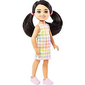 Barbie Chelsea Doll, Small Doll with Black Hair in Pigtails & Brown Eyes Wearing Removable Plaid Dress & Pink Shoes