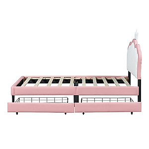 SOFTSEA Twin Size Princess Bed with Storage Drawers, Faux Leather Platform Bed with Crown Headboard for Kids Girls, No Box Spring Needed, Pink