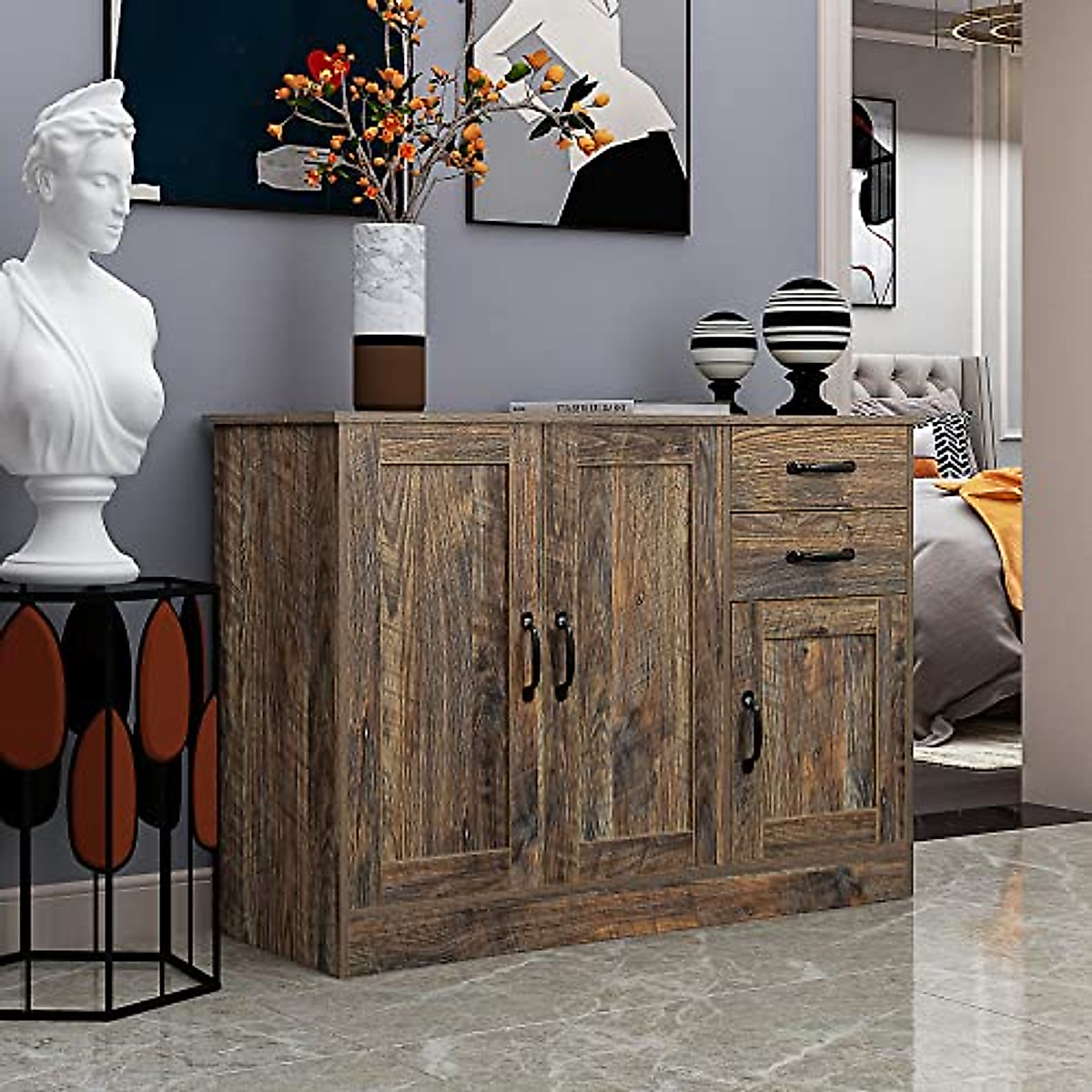 SSLine Rustic Coffee Bar Cabinet Farmhouse Elegant Kitchen Sideboard Living Room Storage Cabinet w/2 Drawers& 3 Doors Dining Room Buffet Accent Console Table for Entryway Hallway -Antique Brown