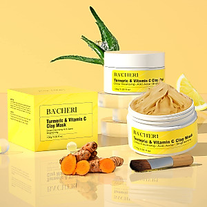 BACHERI Turmeric Vitamin C Clay Mask # 130g, Blackheads Acne Dark Spots Remover with Turmeric Extract, Turmeric Clay Mud Mask for Glowing Skin, Refining Pores and Controlling Oil
