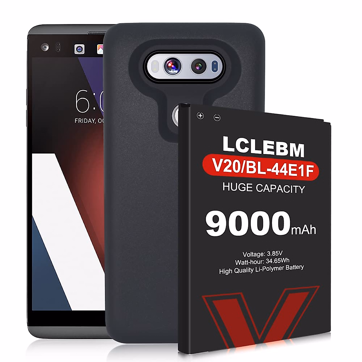 9000mAh LG V20 Extended Battery, Li-ion Polymer Replacement Battery for LG V20, LG V20 Extended Battery BL-44E1F with Black TPU Case for LG H910 H918 V995 LS997