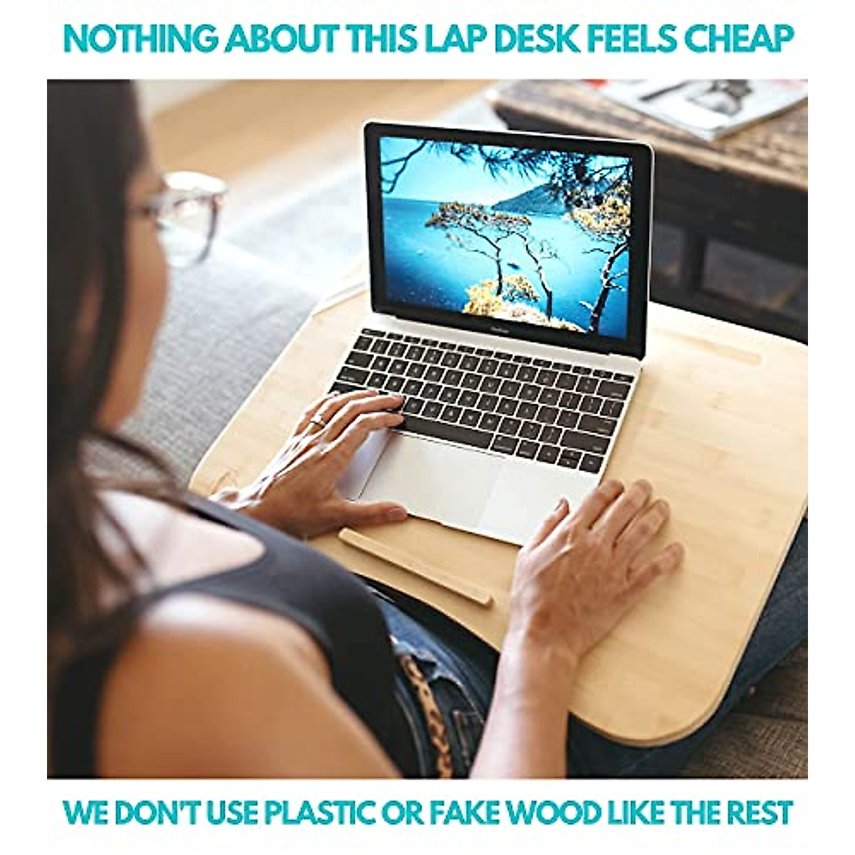 Hultzzzy Bamboo Lap Desk Tray Table for 17" Laptops for Adults with Ipad and Tablet Stand and Foam Pillow for Bed, Couch, and Recliner
