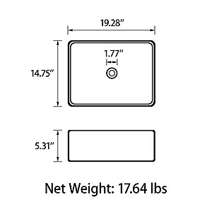 Sinber 19" x 15" x 5.31" White Rectangular Ceramic Countertop Bathroom Vanity Vessel Sink BVS1915A-OL
