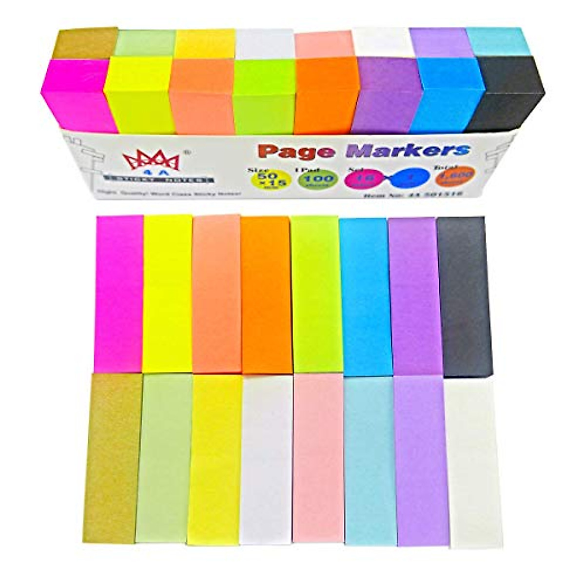 4A Sticky Notes, 0.6 x 2 Inches, Small Size,16 Colors, Self-Stick Notes, 100 Sheets/Pad,16 Pads/Pack, 4A 501516